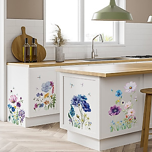 6 Pieces Flowers Wall Decals Vinyl Dragonflies Flowers Wall Stickers Removable Floral Wall Murals Peel and Stick Colorful Flower Wall Decor for Girls Bedroom Living Room Nursery (Beautiful)