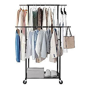 Fishat Simple Standard Freestanding Double Rod Clothing Metal Garment Rack for Hanging Clothes, Rolling Clothes Organizer on Lockable Wheels Mobile, with 2 Hooks (Black)