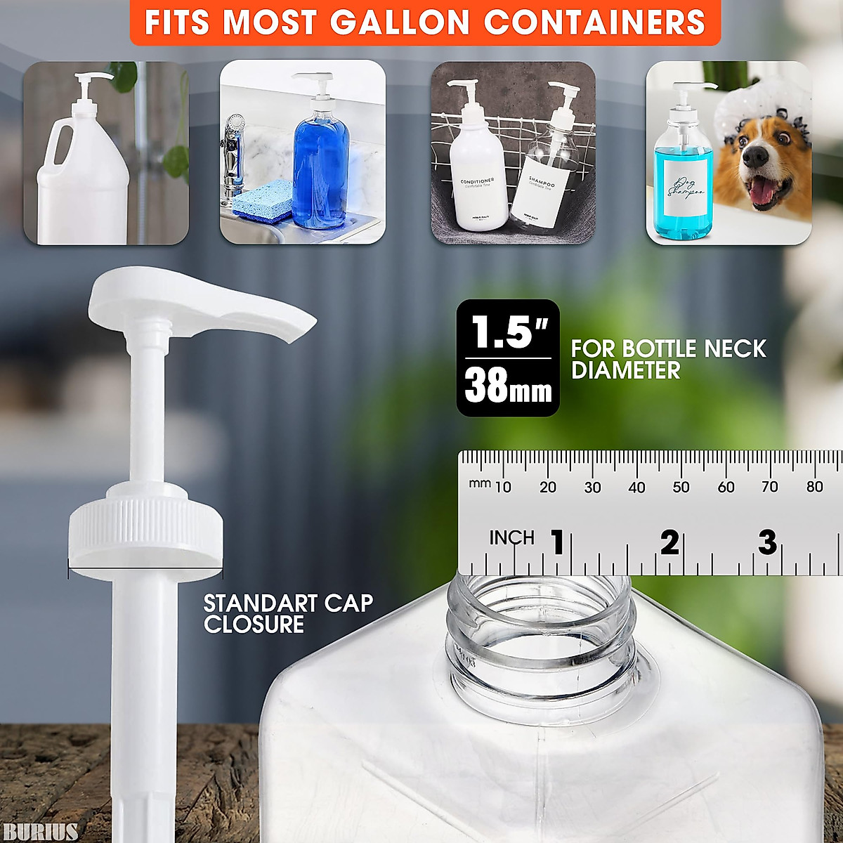 1 Gallon Pump Dispenser - Leak-Proof Pump for Gallon Jug with 1.5" 38/400mm Neck, Lock-Ring and Standard Cap Closure - Durable, Reusable, Great for Any Foam Soap Dispenser, Cleaner, Detergent