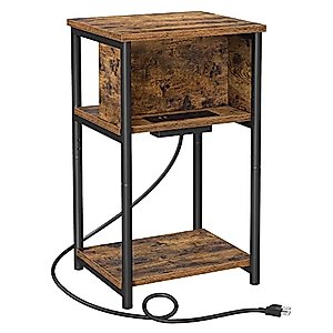 VASAGLE Side Table with Charging Station, 3-Tier End Table with USB Ports and Outlets, Nightstand for Living Room, Bedroom, 11.8 x 13.4 x 22.8 Inches, Plug-In Series, Rustic Brown and Black ULET373B01