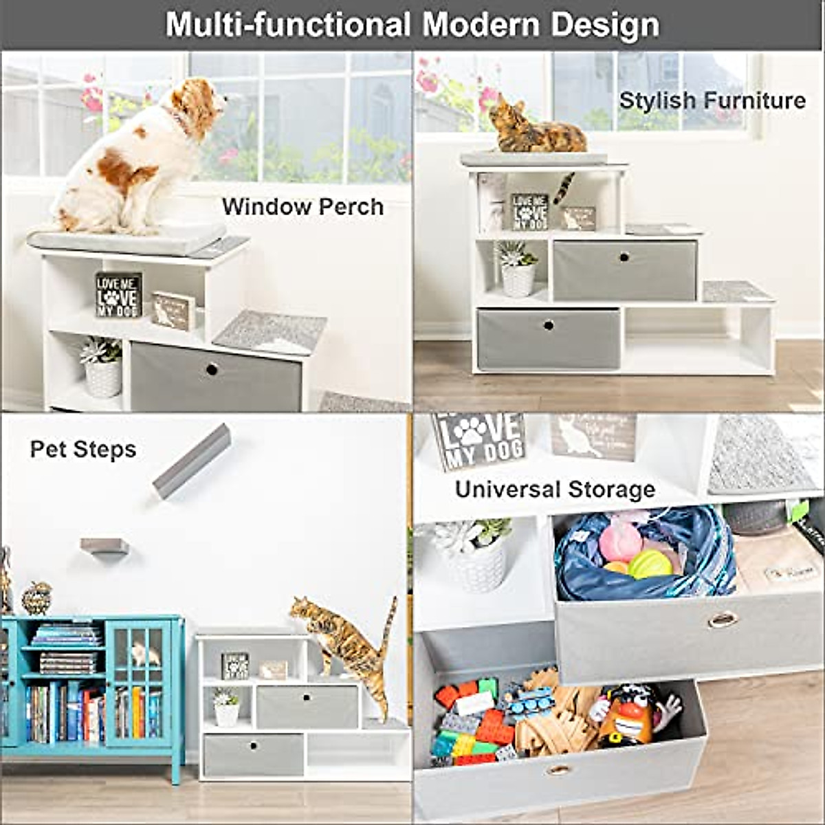 PetFusion Pet Step Window Perch Bookshelf w/ Storage Baskets |28” Tall Dog & Cat Perch, 8” Stair Height |Multi-Functional Modern Pet Furniture w/ Carpeted Step Pads & 1” Thick Premium Foam Perch Pad