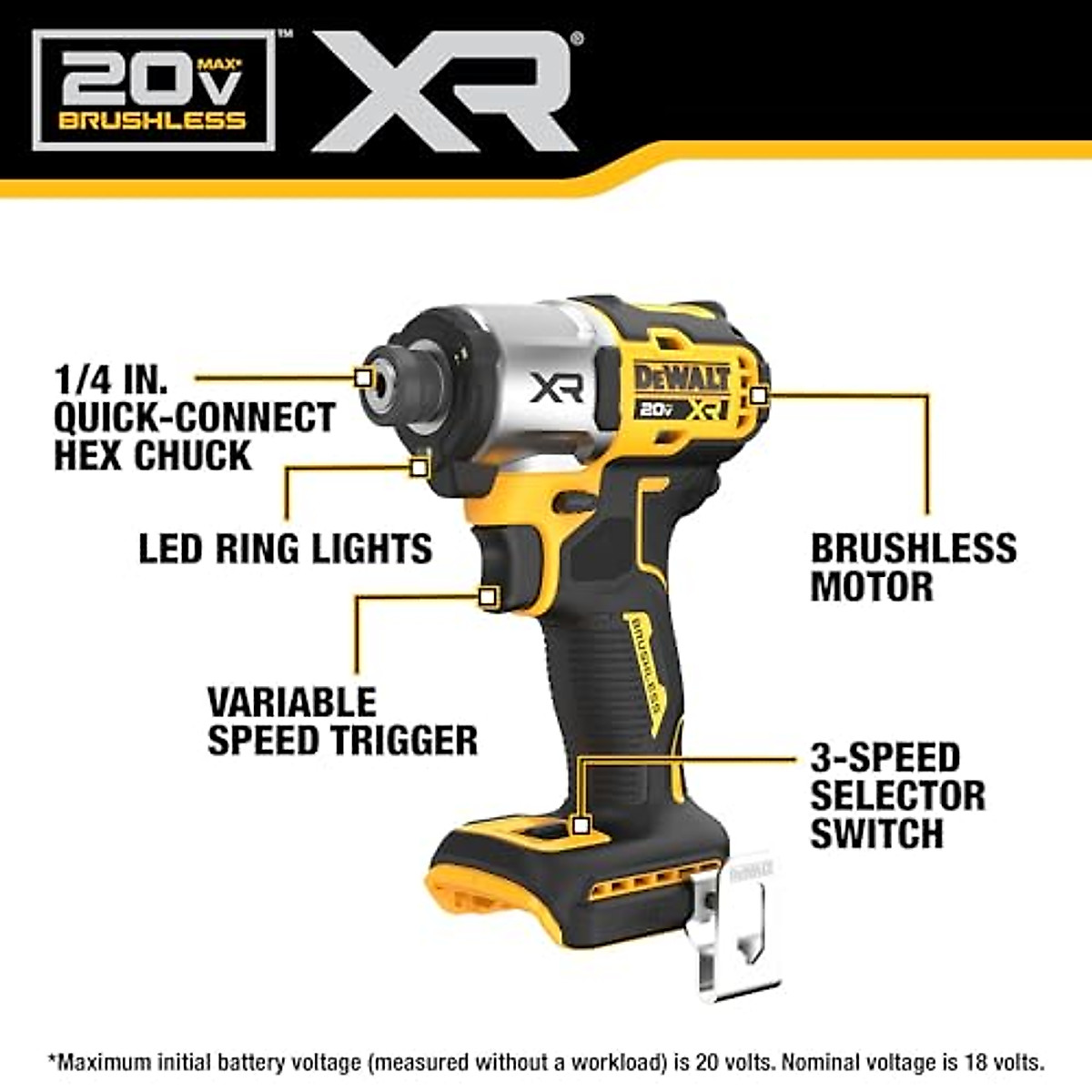DEWALT 20V MAX XR Impact Driver, Brushless, 1/4", 3-Speed, Bare Tool Only (DCF845B), Yellow, Black
