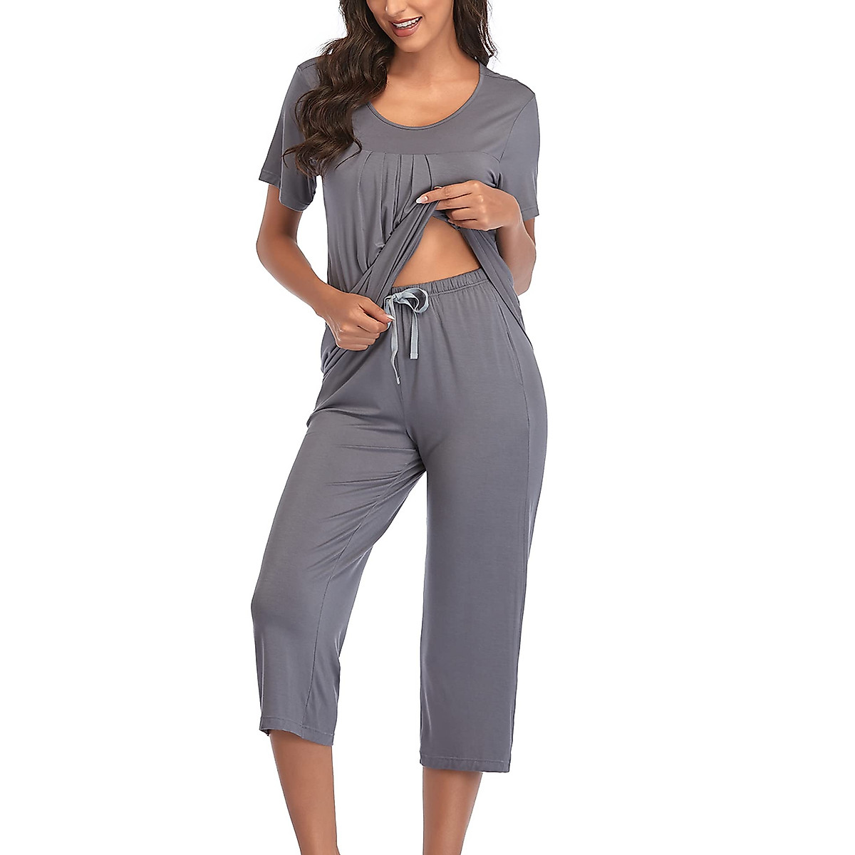 COLORFULLEAF Womens Pajama Sets Summer Pjs Lounge Sets for Women Soft Sleepwear Top and Capri Pants with Pockets (Deep Grey, L)
