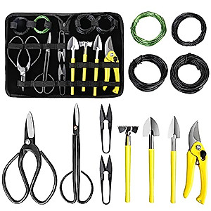 MOSFiATA Bonsai Tools Set 13 Pcs High Carbon Steel Succulent Gardening Trimming Tools Set Include Pruning Shears, Scissors, Mini Rake, Round and Pointed Shovel &Training Wire in PU Leather Bag