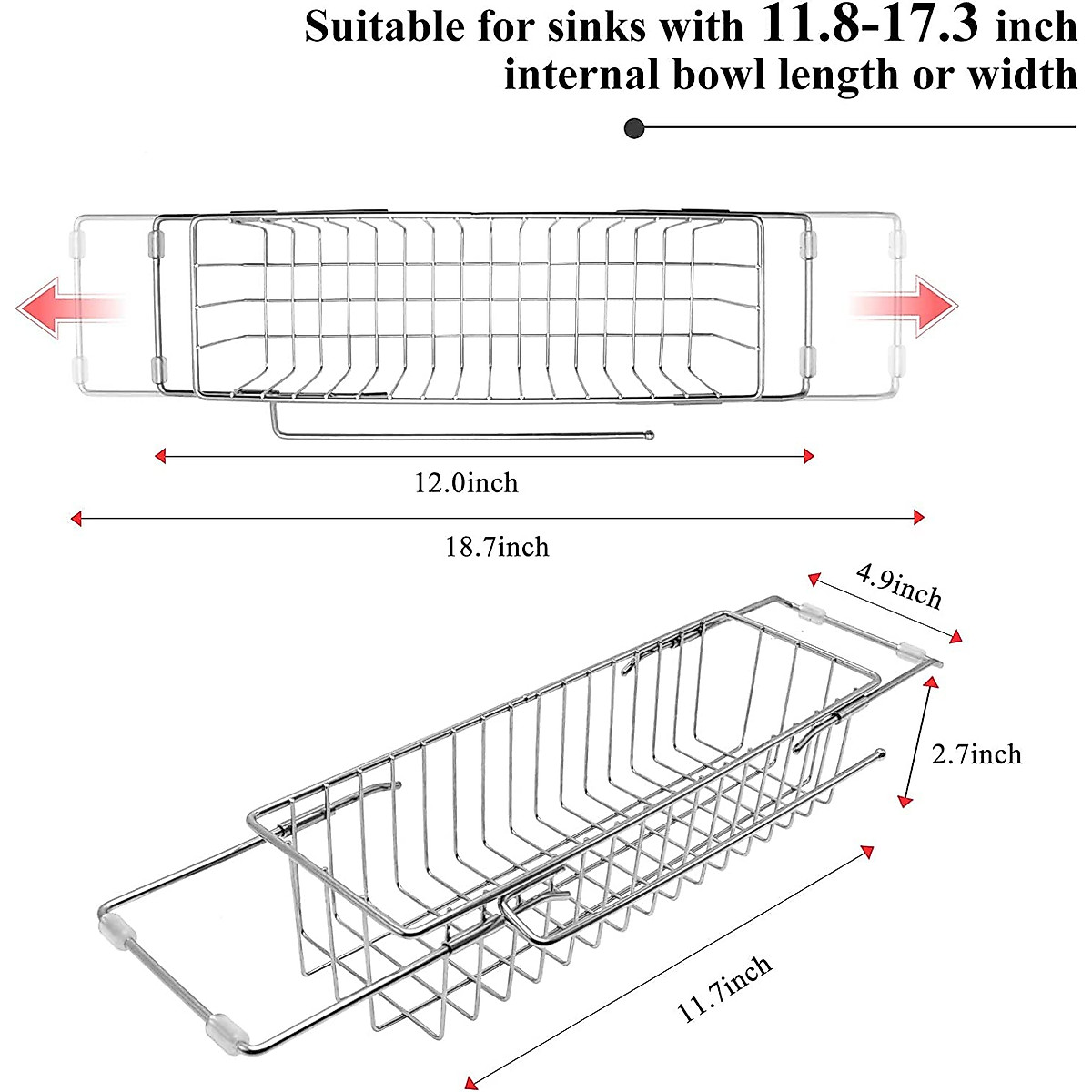 Telescopic Kitchen Sink Organizer Rack, Collapsible Stainless Steel Sink Caddy Drainer with Towel Drying Rack, Sink Basket with Dishcloth Hanger, Soap and Sponge Holder