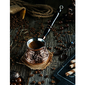 DEMMEX Thickest Copper Turkish Greek Arabic Coffee Pot Engraved Stovetop Coffee Maker Cezve Ibrik Briki with Wooden Handle & Wooden Spoon, for 3 People (Copper)