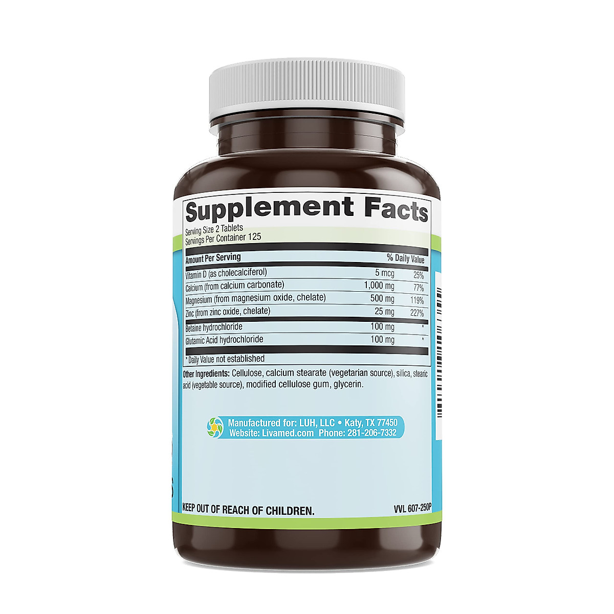 Livamed - Chelated Cal-Mag Plus Betaine HCl Veg Tabs 250 Count