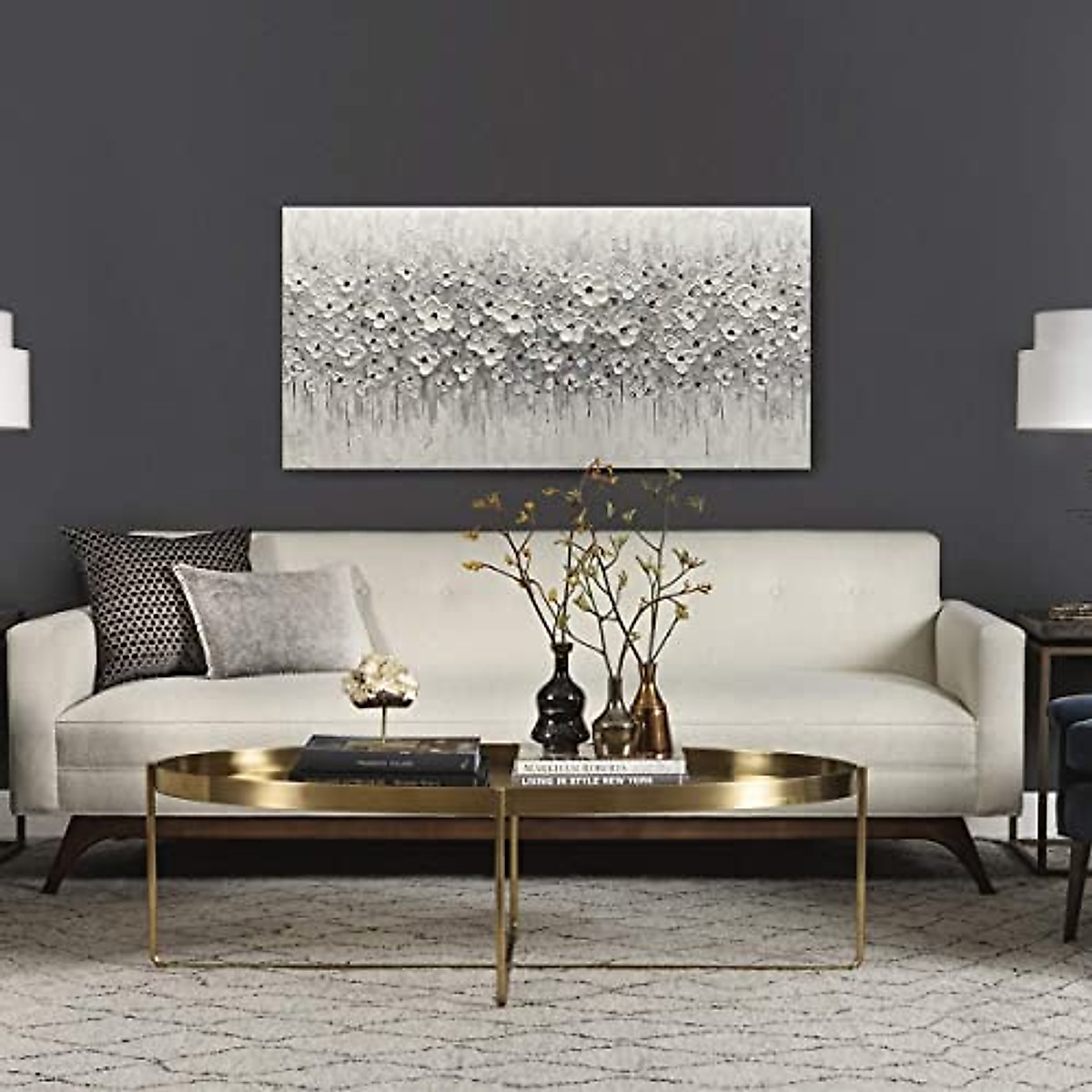 Bedroom Wall Art White Flowers Picture Hand-Painted Oil Painting Framed Canvas Artwork Modern Gallery Plant Decor Wall Decorations for Living Room Office Kitchen Bathroom Size 20x40 inch Ready to Hang