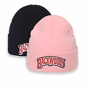kangning 2Pack Backwoods Beanie Hat for Men Women Trendy Backwoods Cap Winter Warm Beanie Embroidered Knitted Solid Hats (One Size, Black+Pink)