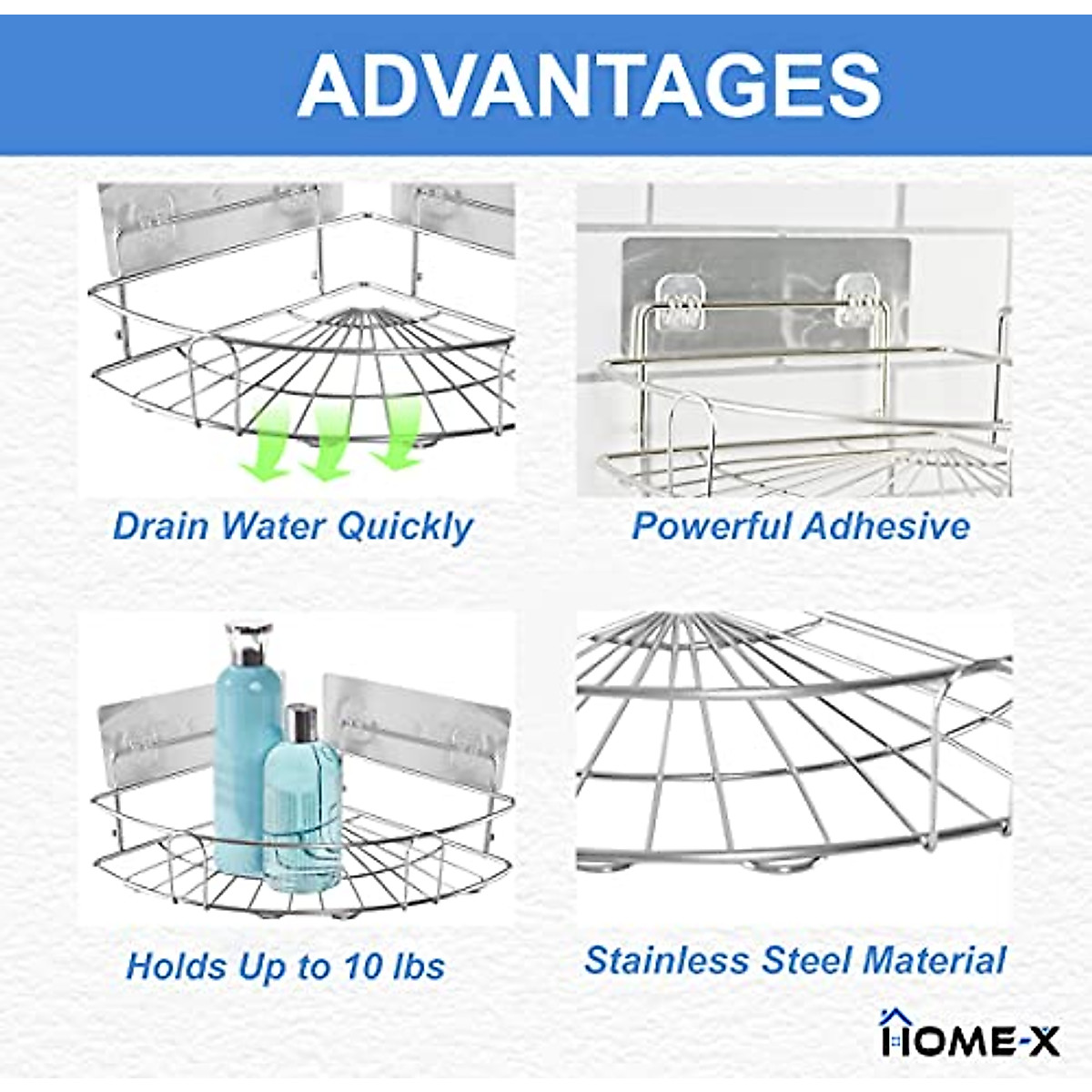 Home-X Stainless-Steel Corner Shelves for Shower Wall, in-Shower Organizer, Adhesive Shower Corner Shelves, Set of 2, 8 ¾” L x 8 ¾” W x 3 ¼” H, Stainless Steel