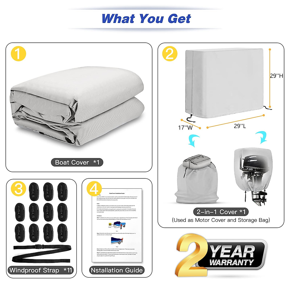 Fuprosico 900D Waterproof Winter Boat Cover with Motor Cover 17-19 ft Fits Bass Boat, V-Hull Boat Runabouts, Boat 17'-19' Foot, Heavy Duty, Marine Grade Canvas, Grey