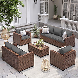 UDPATIO Outdoor Patio Furniture Set 5 Piece Wide Armrest Rattan Patio Sofa Sets w/Storage Table and Waterproof Covers for Poolside Deck Backyard, Grey