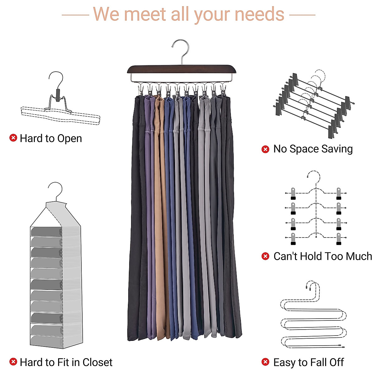 Mkono Legging Organizer for Closet, Set of 2 Yoga Pants Hangers with 20 Rubber Coated Clips 360° Swivel Hook Space Saving Rustic Wood Hanging Closet Organizers and Storage