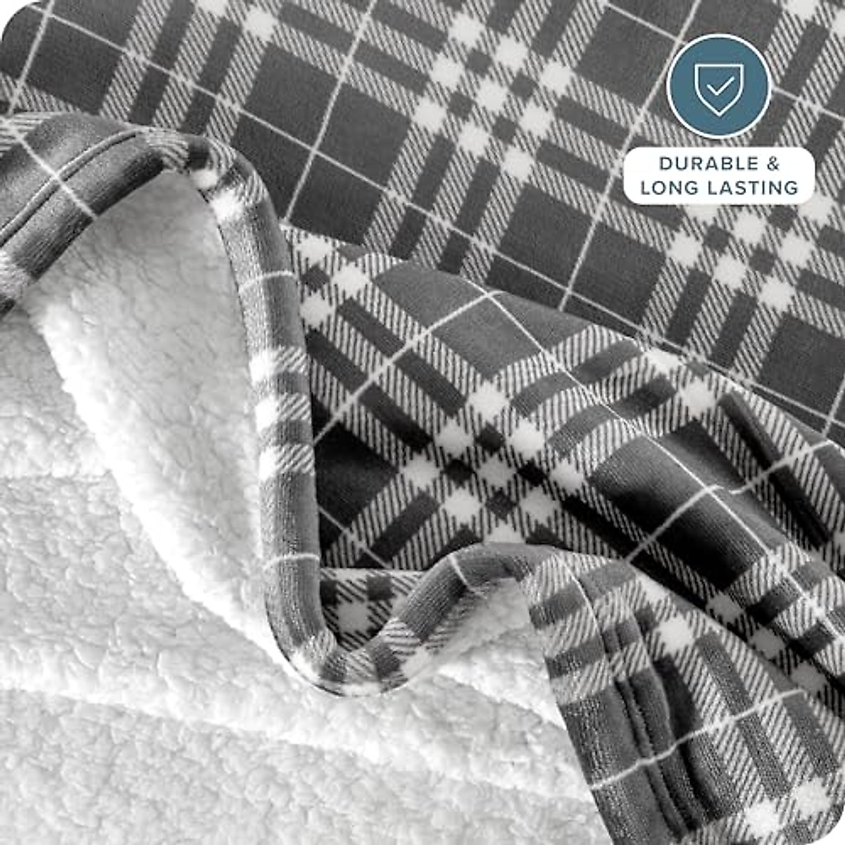 Bare Home Sherpa Fleece Blanket - Full/Queen Blanket - Blanket for Bed, Sofa, Couch, Camping and Travel - Warm & Lightweight - Fluffy & Soft - Reversible (Full/Queen, Stirling Plaid - Grey/White)