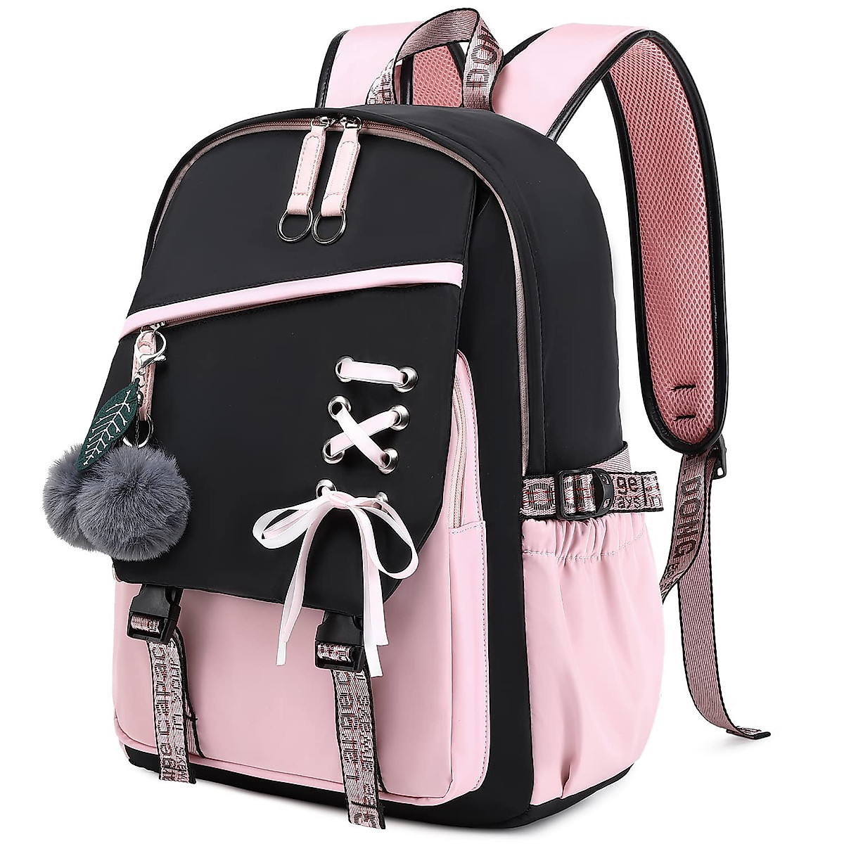 FENGDONG Teenage Girls Bookbag School Backpack Children Casual Daypack Schoolbag for Teens Black Pink