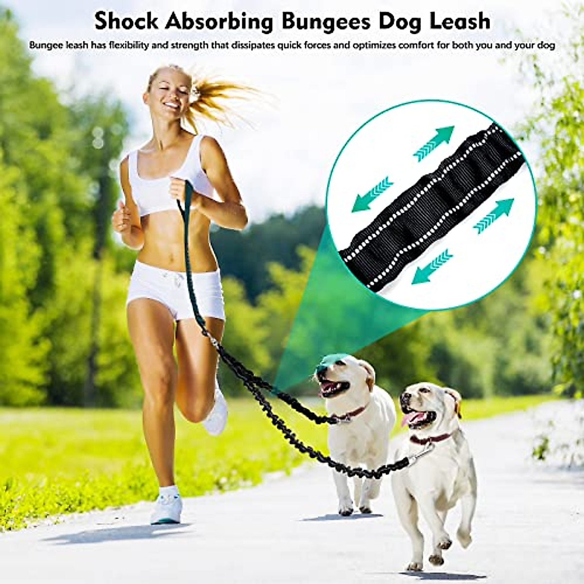 2 Dog Leash,Double Dog Leash Coupler Tangle Free Bungee Dog Leash, 360° Swivel No Tangle Double Dog Walking & Training Leash, Comfortable Shock Absorbing Reflective Bungee Lead Walk 2 Dogs with Ease