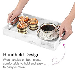 Lewondr Serving Tray with Wide Handles, PU Leather Ottoman Cofee Table Serving Tray, 14.96"x9.45"x1.97" Decorative Tray for Perfume Cosmetic Jewelry Key, Countertop Storage Organizer - Marble White