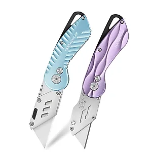 FantastiCAR Fancy Folding Utility Knife Box Cutter Set with Extra Blades (Blue and Purple), Metal Handle