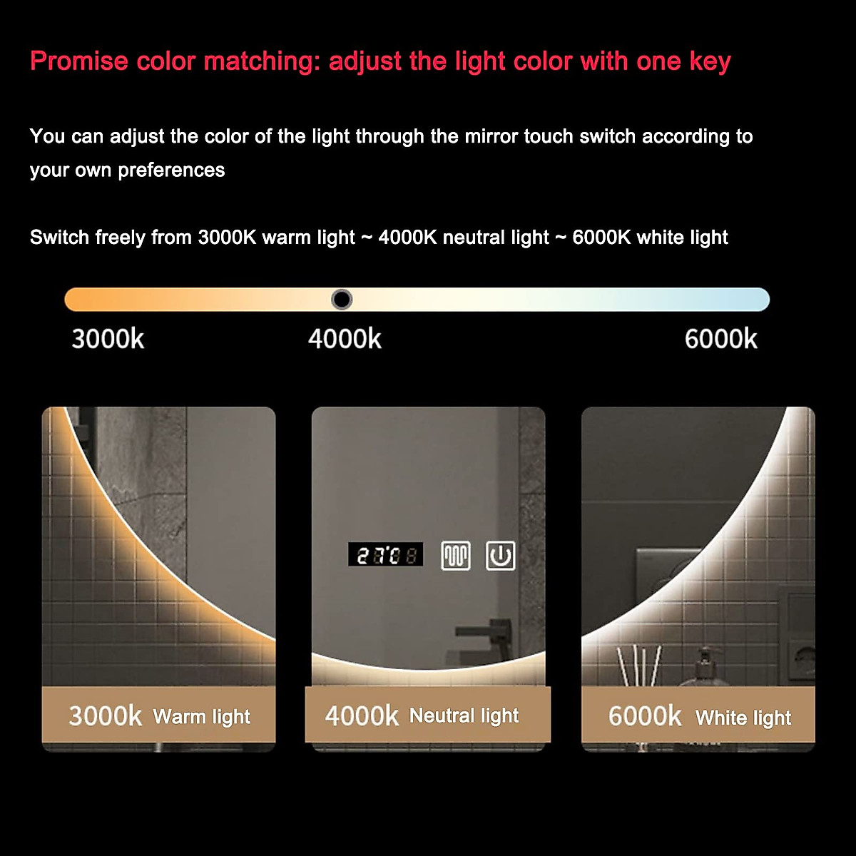 Black Oval Bathroom Mirror With LED Light, Wall Mirror With Aluminium Frame, Decorative Mirror, LED Illuminated Makeup Mirror, Infinitely Dimmable, 3-colour Light ( Color : Black , Size : 50x80CM )