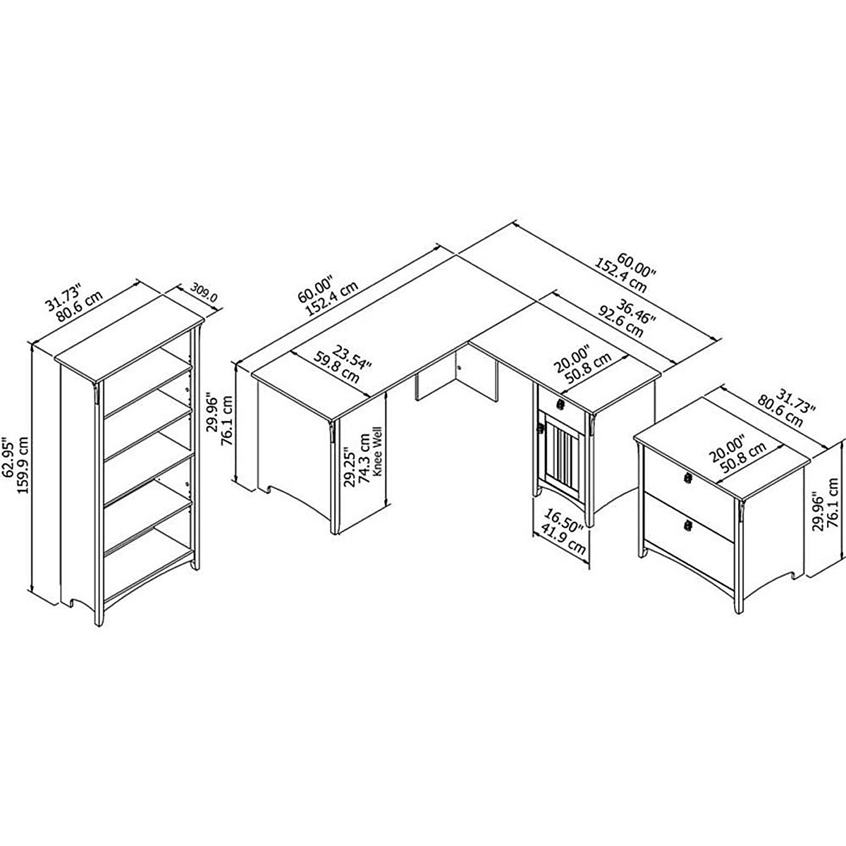 Bush Furniture Salinas 60W L Shaped Desk with Lateral File Cabinet and 5 Shelf Bookcase in Vintage Black