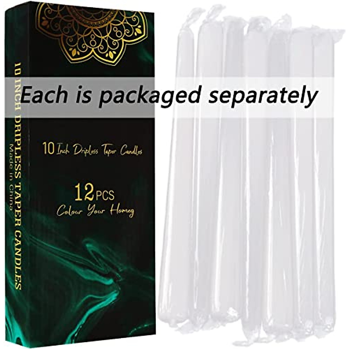 White Dinner Candles - 12 Pack Unscented 10 Inch Straight Taper Candle Set - 7.5 Hour Burn Time- Smokeless and Dripless Household, Spa, Wedding, and Party Candlesticks