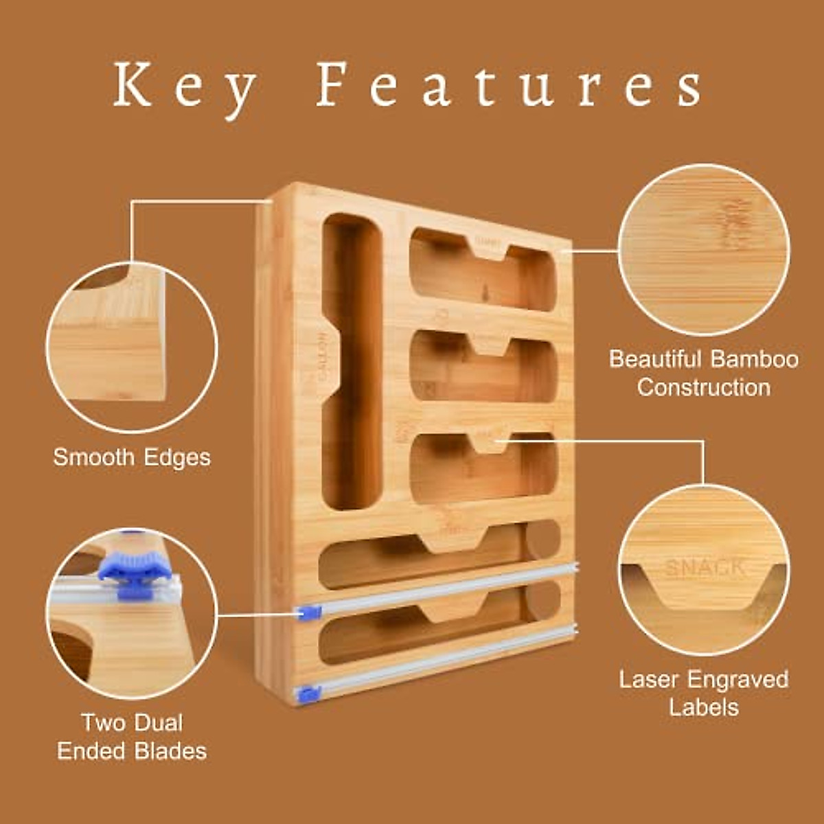 HEATHERVALE Bamboo Ziplock Bag Organizer for Pantry - 6 in 1 Sandwich Baggie Organizer Compatible with Gallon, Quart, Snack, Sandwich Storage Bags, Foil & Plastic Wrap Dispenser