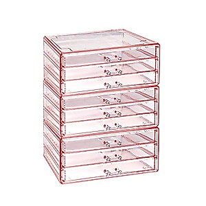 Ikee Design Acrylic Jewelry Makeup Storage Drawer Organizer, 3 Pieces Storage Set for Home Storage and Office Stationary Drawers, Pink Color, 9.38" W x 5.38" D x 12.75" H