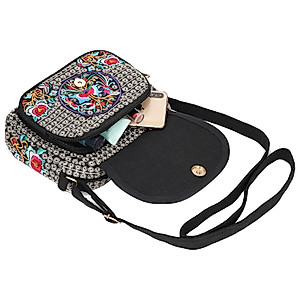 Vintage Embroidery 6.5" Canvas 3 zip Small Crossbody Bag Cell Phone Pouch Wallet Bag Coin Purse for Women (Black + Flower)