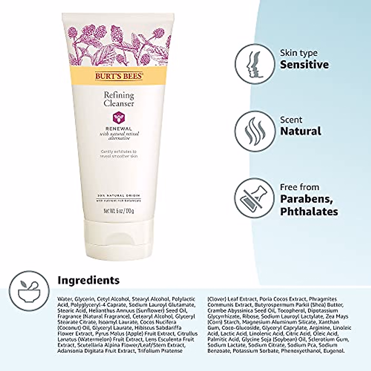 Face Cleanser, Burt's Bees Retinol Alternative, Refining Facial Wash, All Natural, Anti-Aging Skin Care, 6 Ounce (Packaging May Vary)