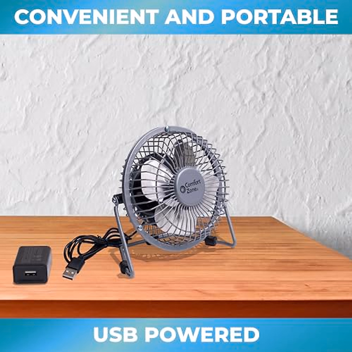 Comfort Zone Mini Portable Desk Fan with 360-Degree Adjustable Tilt, Dual Powered (USB or Power Cord), 4 inch, All-Metal Construction, Airflow 3.31 ft/sec, Ideal for Home, Bedroom & Office, CZHV4BK