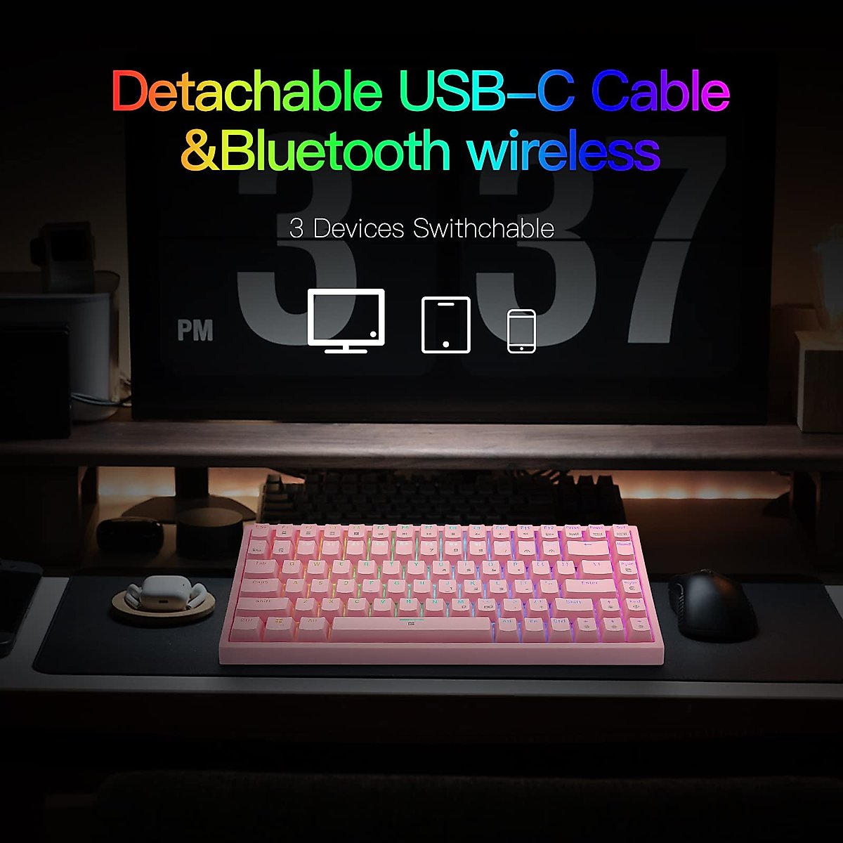 OKKID Mechanical Keyboard 60%, Wired Bluetooth Gaming Keyboard, Red Switches, RGB Backlight, CQ84 Wired Keyboard, 84 Keys, for Windows PC, Mac,Smartphone
