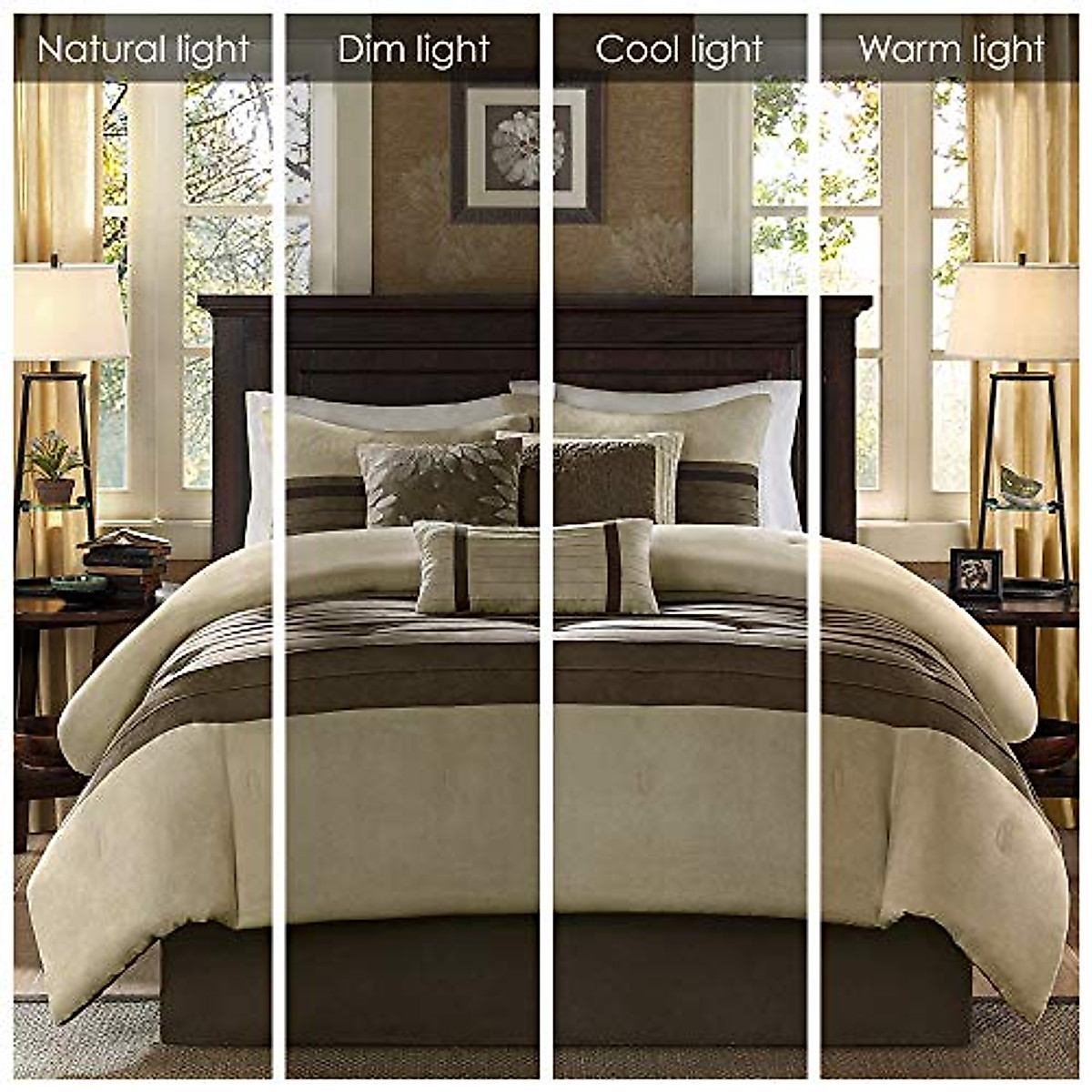 Madison Park Palmer Comforter Set - Faux Suede Design, Striped Accent, All Season Down Alternative Bedding, Matching Shams, Decorative Pillow, Bed Skirt, King (104 in x 92 in), Natural 7 Piece