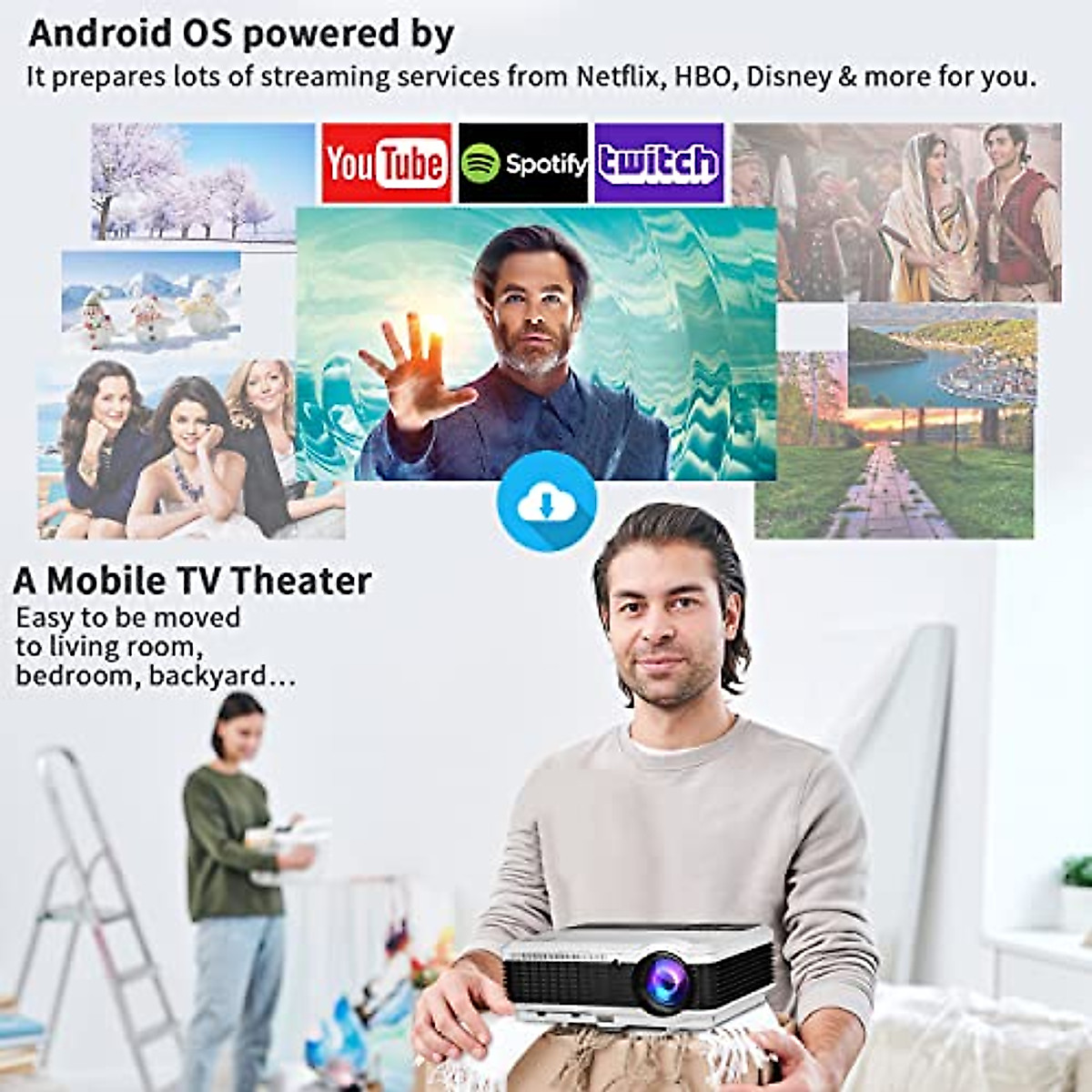 LCD Smart Bluetooth WiFi Projector 1080P Native 8000Lumen, LED Home Projector with Android utdoor Indoor Room Movie Night, Built-in Netflix Wireless Projector for Phones Sync, TV Stick, USB HDMI