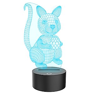 Squirrel 3D Illusion Lamp Touch Sensor LED Night Light 7 Color Changing Nightlight, Children Room Decor Lighting Fixture Toy Gifts for Boys Girls
