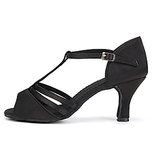 JUODVMP Women T-trap Latin Dance Shoes Satin Ballroom Performance Salsa Tango Black Dance Shoes Model WX2,7cm,6.5 US