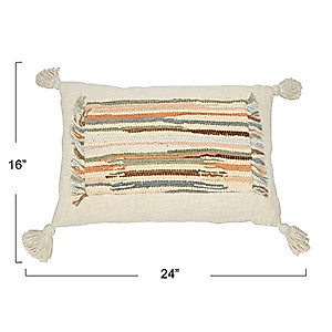 Creative Co-Op Woven Cotton Slub Lumbar Applique, Fringe and Tassels Pillow, 24" L x 16" W x 2" H, Multicolor