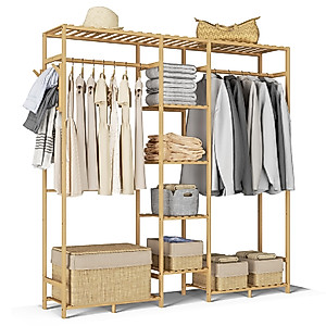 Athena Collection 59" Bamboo Garment Rack Multi Tier Clothes Rack Storage Shelves with Side Hook & Pants Rack, Heavy Duty Clothing Hanging Rack Freestanding Indoor Wardrobe Closet Organizer, Natural