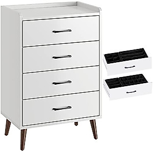 Rolanstar Drawer Dresser- Quick Install, 4 Drawers Storage Dresser with Foldable Drawer Dividers, Modern Chest of Drawer, White (Tool Free Except Drawer Handle and Foot)