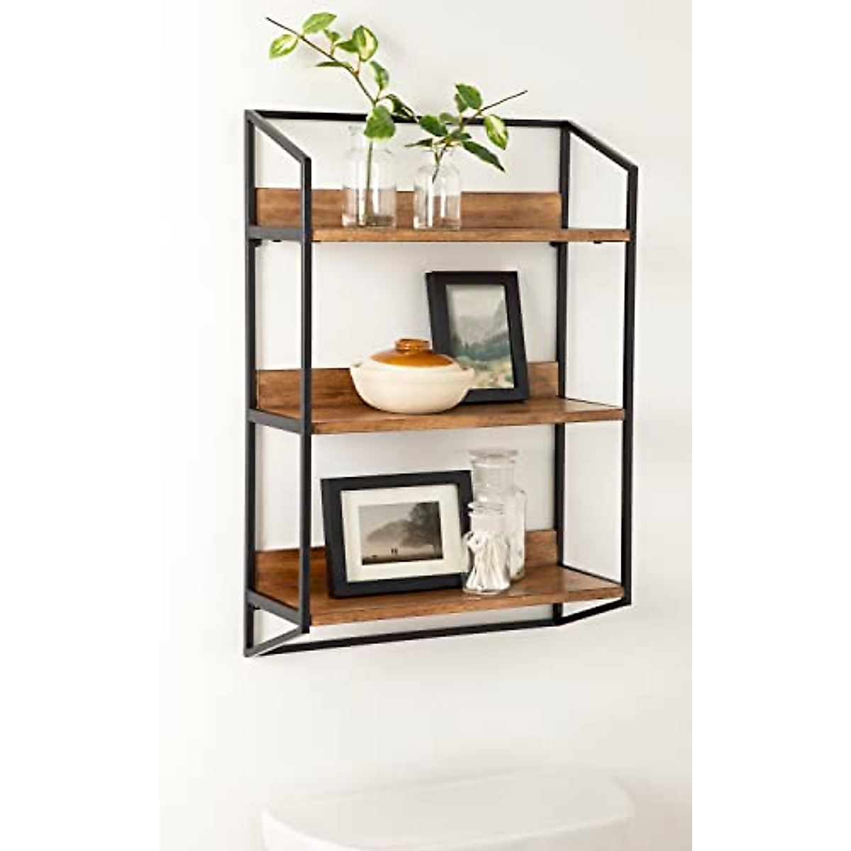 Kate and Laurel Hylton Modern Farmhouse 3-Tier Floating Wall Shelf for Display and Storage, 18x28x7, Rustic Brown/Black