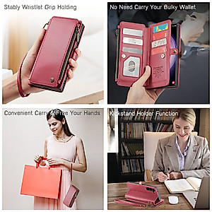 Defencase Compatible with Samsung Galaxy S23 Plus Case Wallet with Card Holder for Women Men, PU Leather Magnetic Snap Flip Zipper Strap Phone Case Fit for Galaxy S23 Plus 5G 6.6", Rose Red