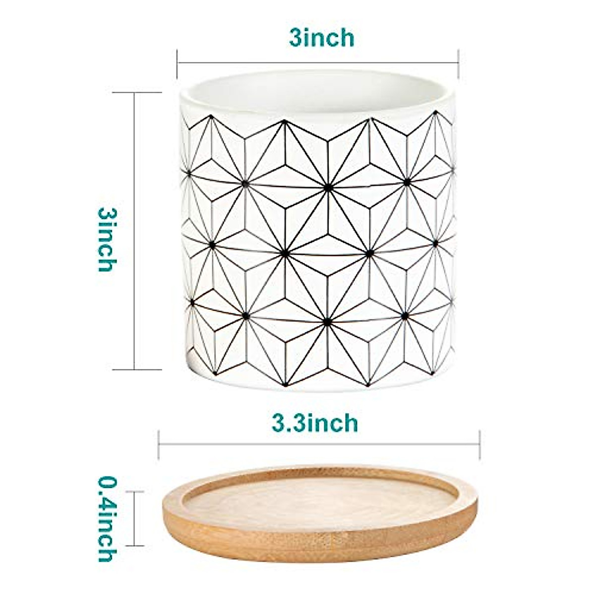 Succulent Pots 6 Pack, Laerjin 3 Inch Succulent Planters with Drainage and Bamboo Tray, Geometric Patterns Ceramic Small Pots for Baby Plants, Cactus, Herbs- Plants Not Included