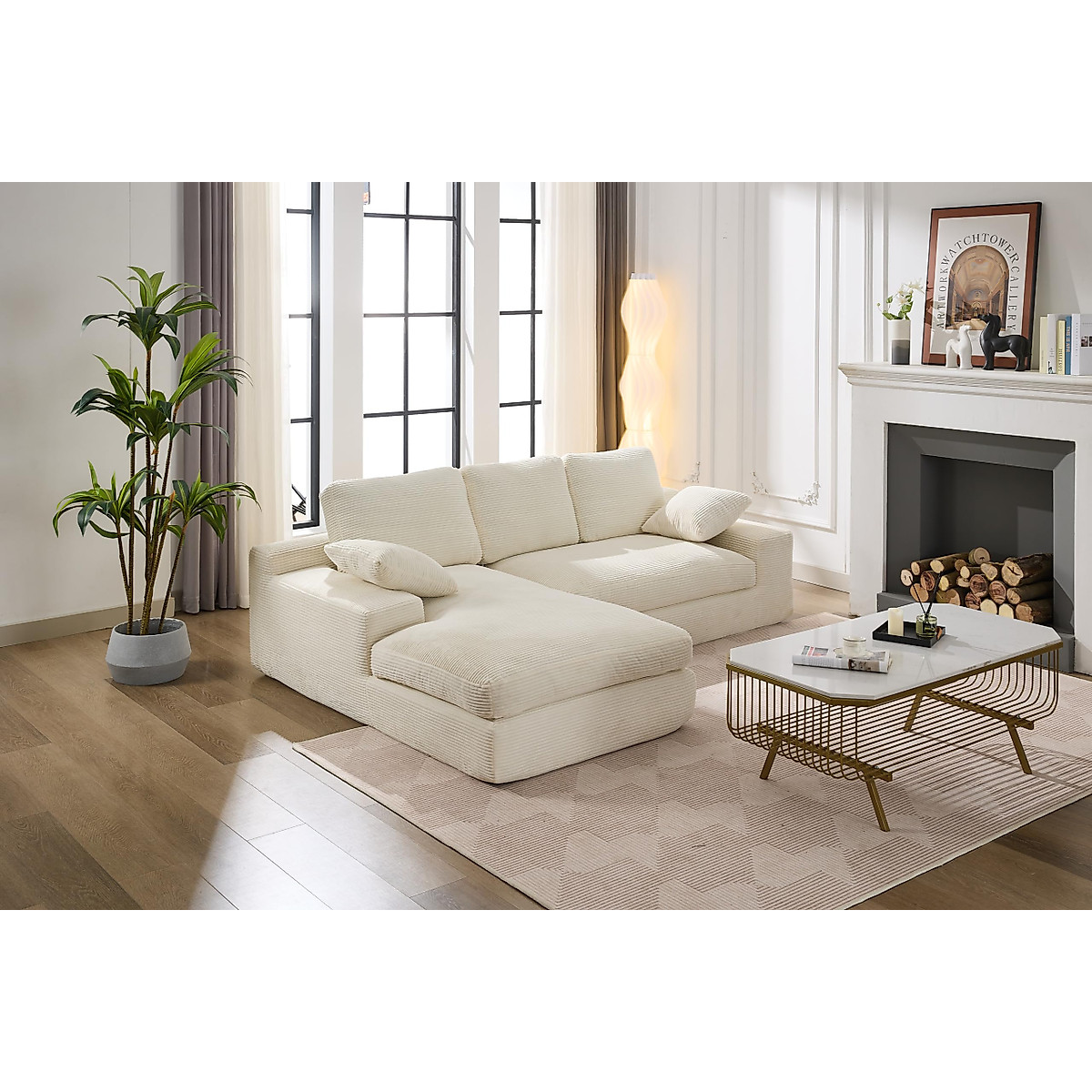 Oversized Modular Sectional Sofa Couch, No Assembly Required Sleeper Sofa, Corduroy Upholstered Cloud Couch, Convertible L Shaped Couch for Living Room, Free Combination (White)