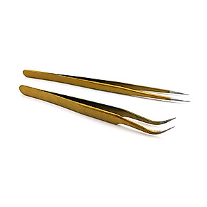 yueton 2pcs Gold Color Coated Stainless Steel Straight and Curved Head Tweezers with Leather Case for Eyelash Extension