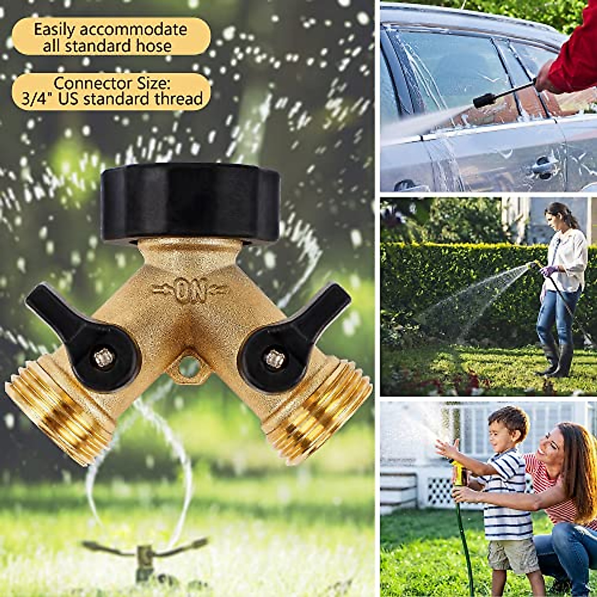 Biswing 2 Pack Garden Hose Splitter 2 Way, Heavy Duty Brass Connector Tap Splitter, Y Splitter 2 Valves with 4 Extra Rubber Washers