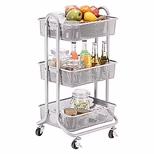 DESIGNA 3-Tier Rolling Utility Cart Storage Shelves Multifunction, Metal Mesh Baskets, Pantry Cart with Lockable Wheels, Gray