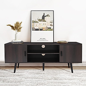 Iwell TV Stand for 55 inch TV, Mid Century Modern TV Stand with Storage, Entertainment Center with 2 Cabinet & 2 Shelves, Retro TV Console Table for Living Room, Bedroom, Black Oak