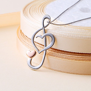 DAOCHONG S925 Sterling Silver Musical Note Treble Love Heart Pendant Necklace, Box Chain 18 inches