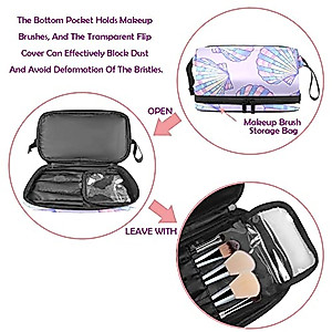 Double Layer Cosmetic Bag Travel Makeup Organizer with Brush Compartment, Roomy Toiletry Bag Makeup Brush Bags for Women and Girls - Beautiful Rainbow Peal Shell