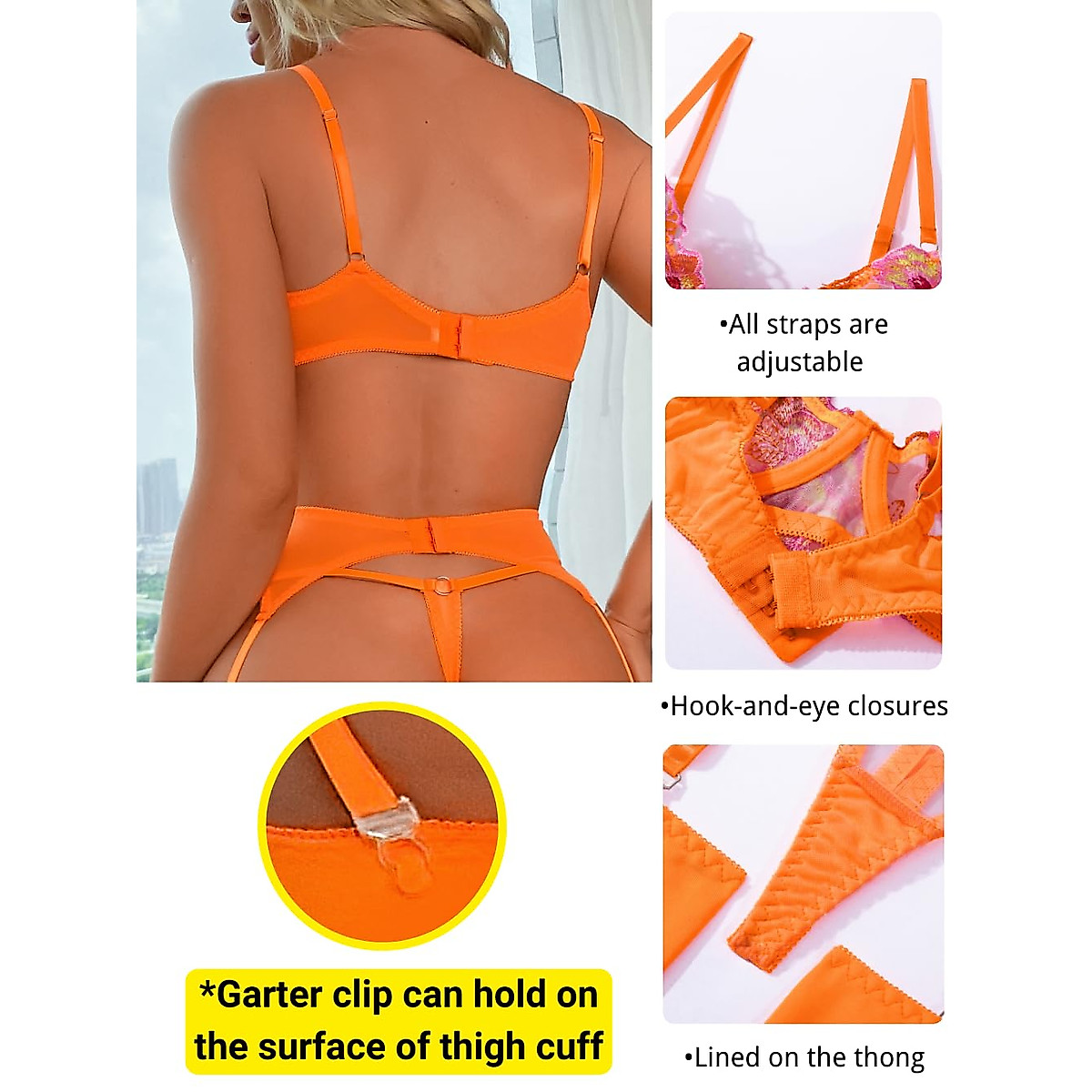Kaei&Shi Glow in the Dark Lingerie for Women,Underwire Floral Embroidered Sexy Lingerie Set,Blacklight Matching 4 Piece Lingerie Petite Neon Orange X-Small