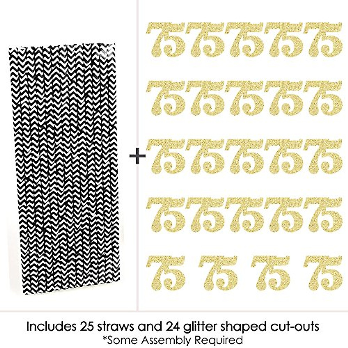 Gold Glitter 75 Party Straws - No-Mess Real Gold Glitter Cut-Out Numbers & Decorative 75th Birthday Party Paper Straws - Set of 24